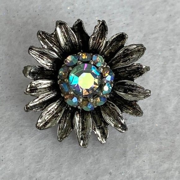 Jewelry | Vintage Silver Sunflower Pin 1 Ab Crystal Center | Poshmark